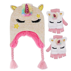 Kids Girls Cute Glitter Unicorn Beanie Winter Hat and Glove Set Knitted Earflap Cap Flip Top Mitten Set Beige
