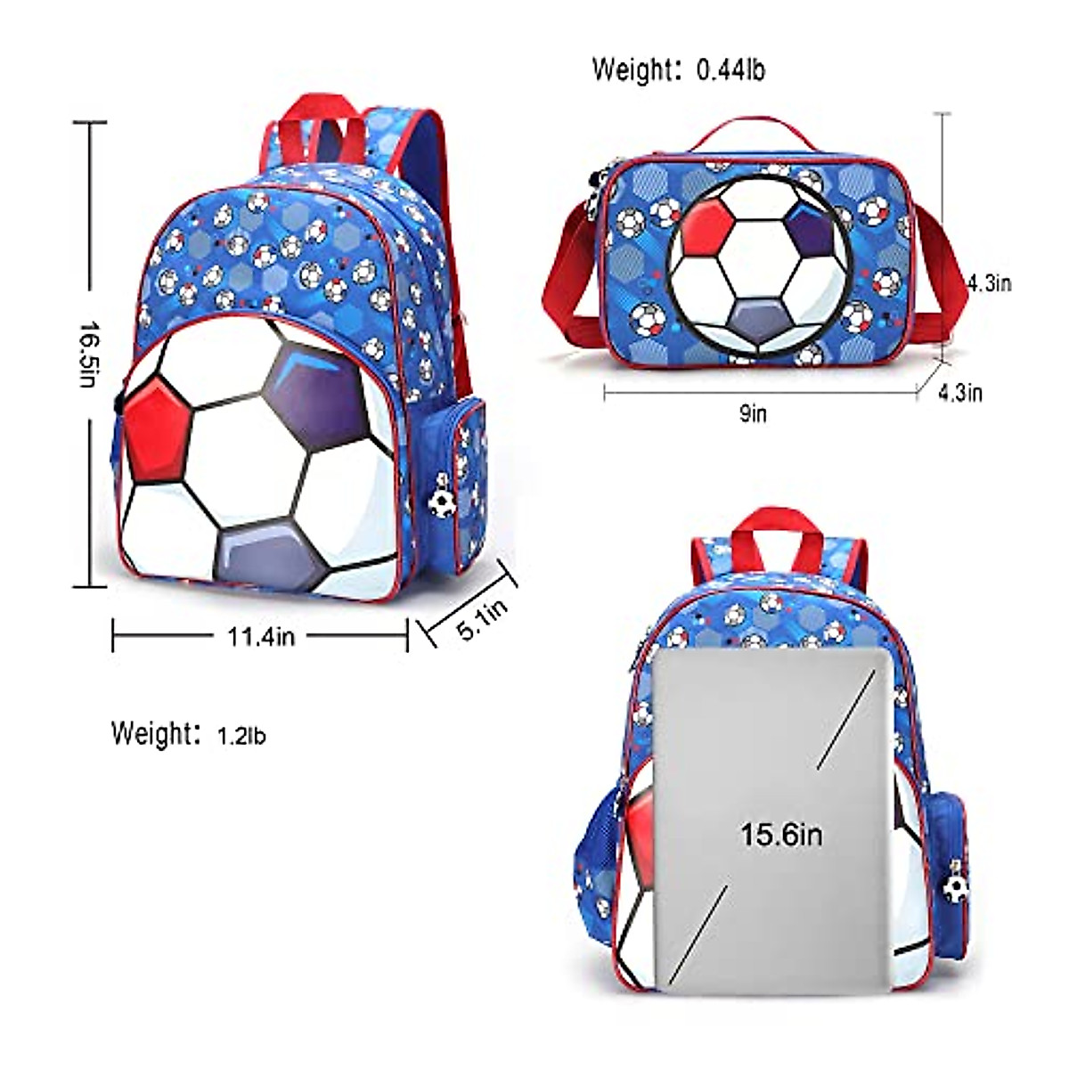 YOJOY Kids Backpack for Boys with Lunch Box Set Elementary School Bags 16 inch Primary Bookbags Football Dinosaur Backpacks (Blue Football Set)