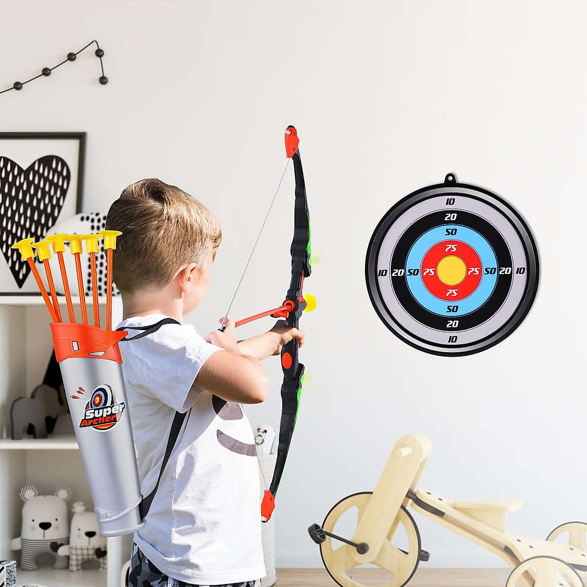 Bow and Arrow for Kids with LED Lights - Kids Archery Set includes 1 Bow, 10 Suction Cups Arrows, 2 Targets and Quiver, Play Indoor and Outdoor for Boys Girls Aged 3 4 5 6 7 8-12 Years