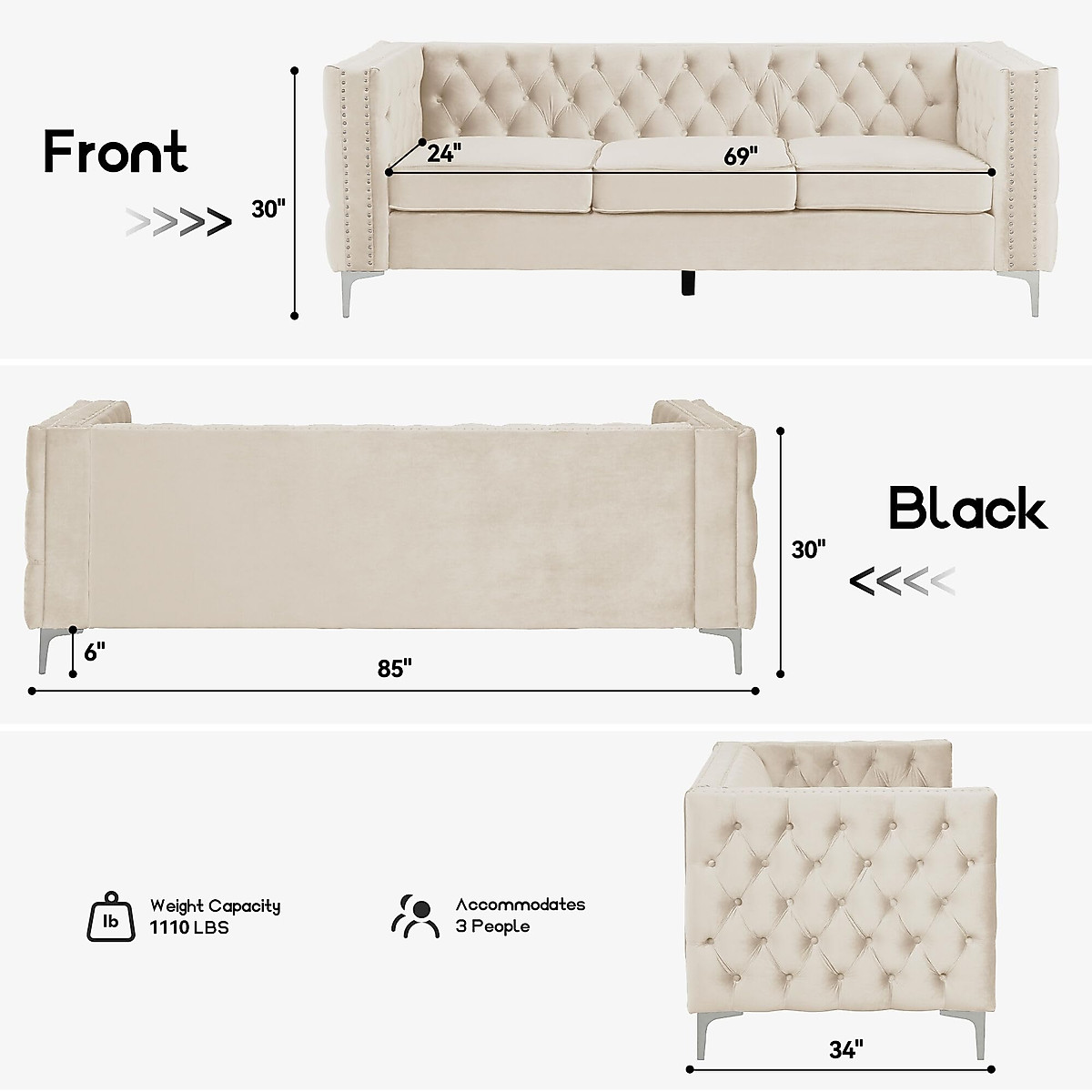Morden Fort Couches for Living Room, 85“Beige Morden Sofa with Button Tufted, Nailhead Trim, 3-Seater Velvet Sofa for Apartroom, Bedroom, Office