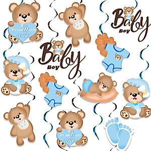 21Pcs Blue Bear Baby Shower Party Hanging Swirls Decorations,We Can Bearly Wait Baby Boy Bear Party Supplies Hanging Decor Streamers Birthday Party Favors Decorations for Boys