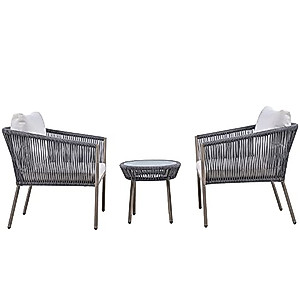 KELRIA Woven Rope Conversation Set, Rattan Couch Sofa Including 2 Single Chairs and Coffee Table, Suitable for Indoor, Outdoor, Balcony, Courtyard, Poolside, Lawn, Backyard, Gray, Gary