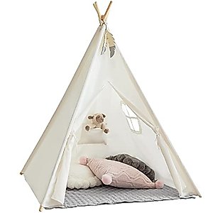 Teepee Tent for Kids with Mat, White Teepee Play Tent Foldable Tipi Tents for Girls, Boys Indoor Outdoor with Kids Teepee with Grey Mat, Fairy Lights