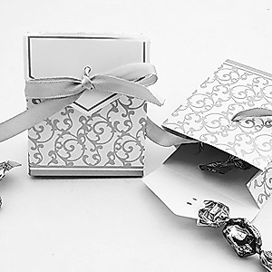 JOHOUSE 50pcs Mini Wedding Favor Box, Small Gift Boxes Candy Boxes with Gift Ribbons for Wedding Party Bridal Shower Favor Party Decoration, Silver