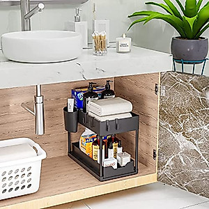 2-Tier Under Sink Organizer,Multi-purpose Organizer Shelf,Sliding Storage Drawer Basket Organizer for Kitchen Bathroom with Hooks, Hanging Cup,Pull Out Spice Rack,Makeup Cosmetics Vanity Narrow Space