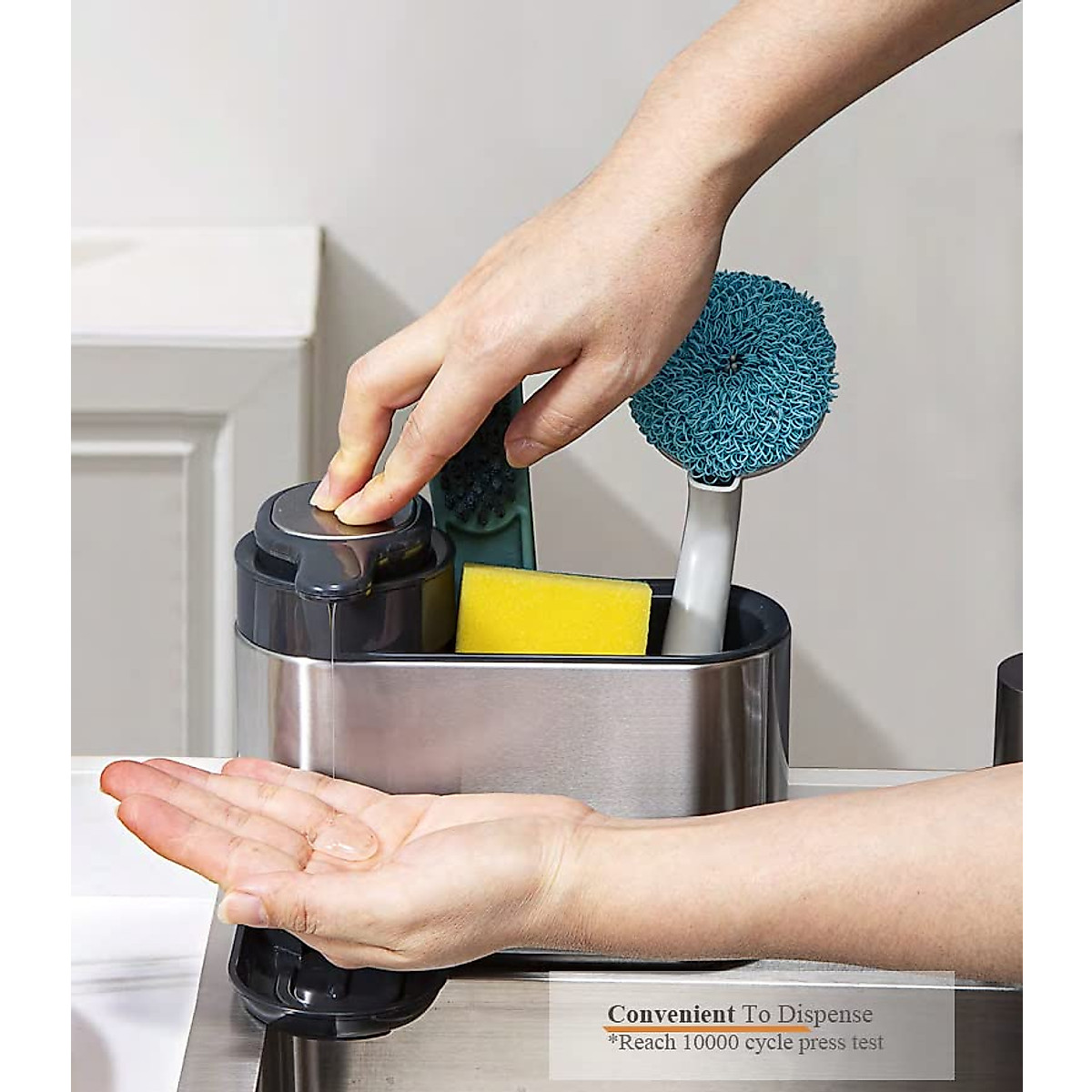 Alta by AuggieChino Sink Caddy with Dish Soap Dispenser, Sponge Holder for Kitchen Sink, Kitchen Organizer, Brush Holder, Stainless Steel Gray