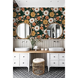 HAOKHOME Floral Peel and Stick Wallpaper Boho Wall Paper Vintage Removable for Bedroom Contact Paper Green/Terracotta 17.7in x 9.8ft