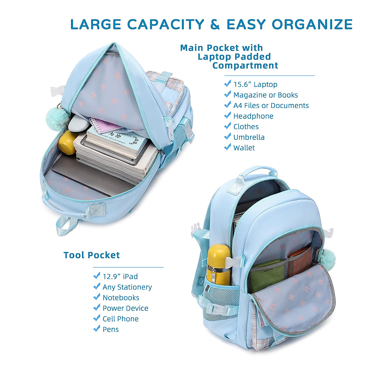 KIDNUO Backpack for Girls, 15.6 Inch Laptop School Bag Kids Kindergarten Elementary College Backpacks Large Bookbags for Teen Girl Women Students Casual Travel Daypacks (Blue)