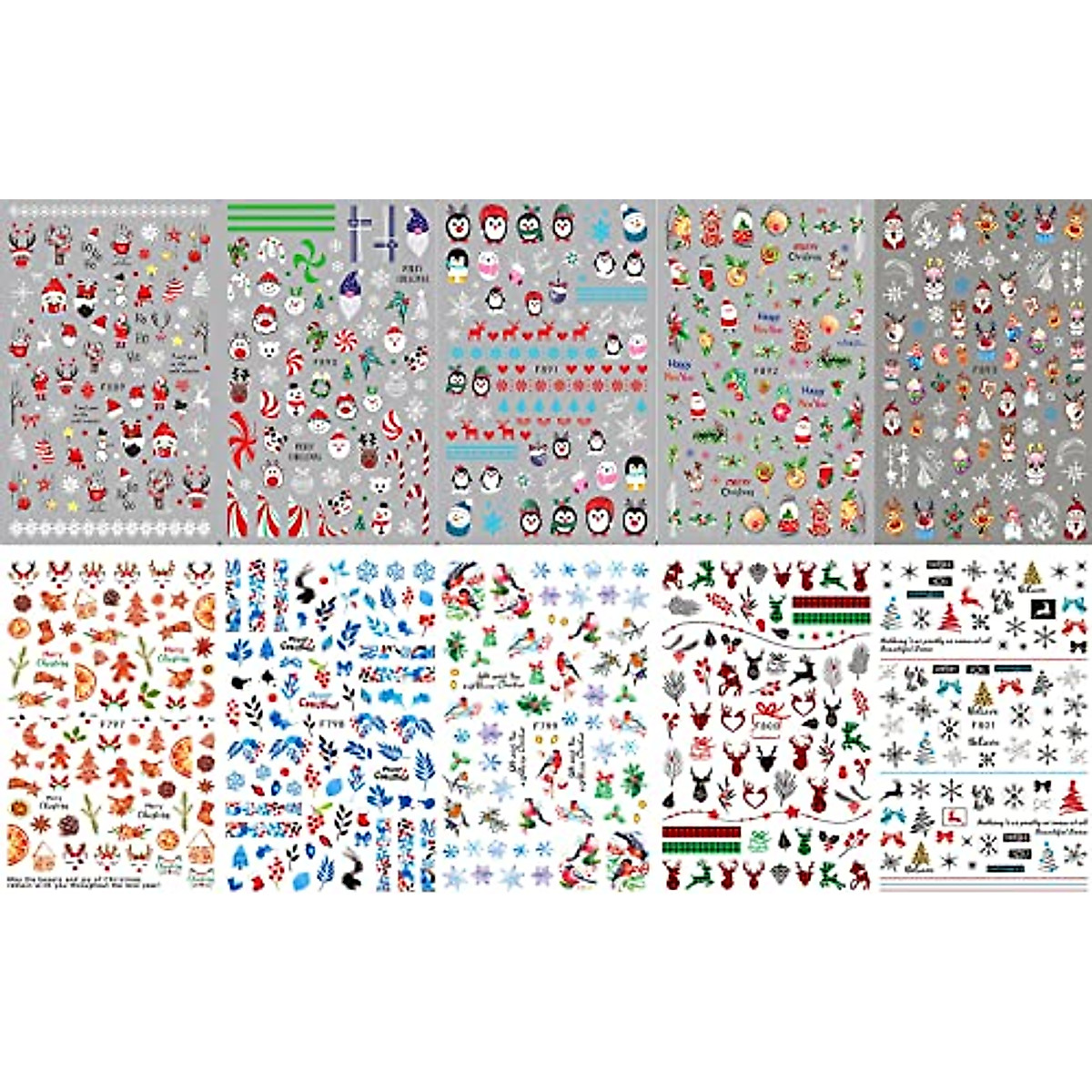 10 Sheets Christmas Nail Art Stickers Decals Self-Adhesive Pegatinas Uñas Navidad Snowflake Santa Claus Reindeer Snowman Nail Supplies Holiday Nail Art Design Decoration Accessories