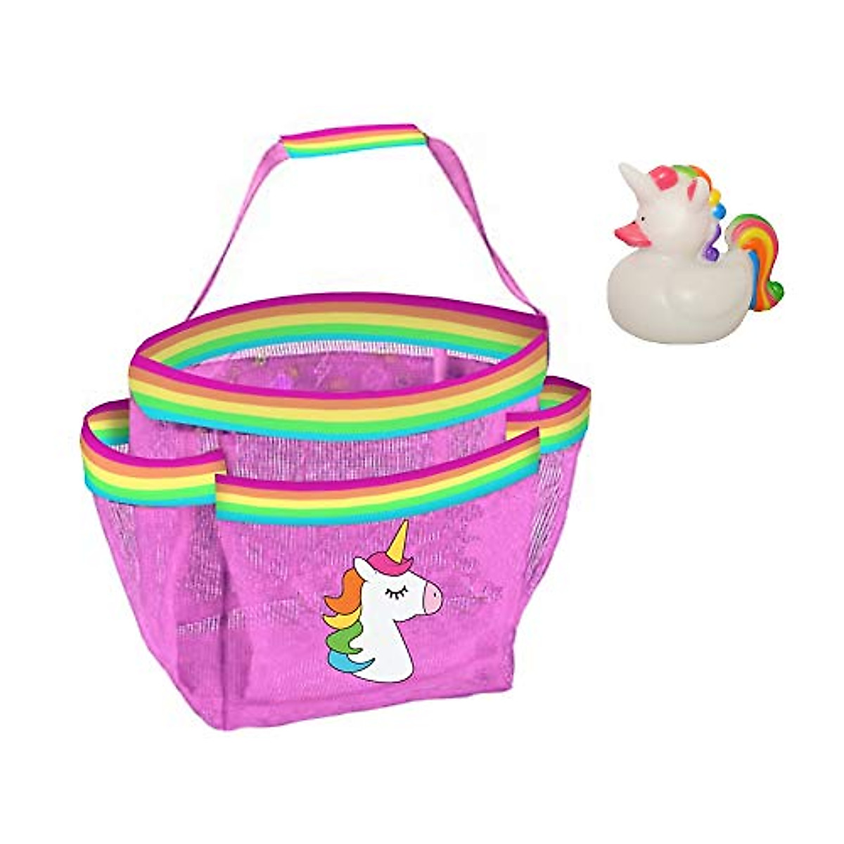 TOP TRENZ Unicorn Rainbow Stripe Shower Caddy and Unicorn Rubber Ducky Bundle Set