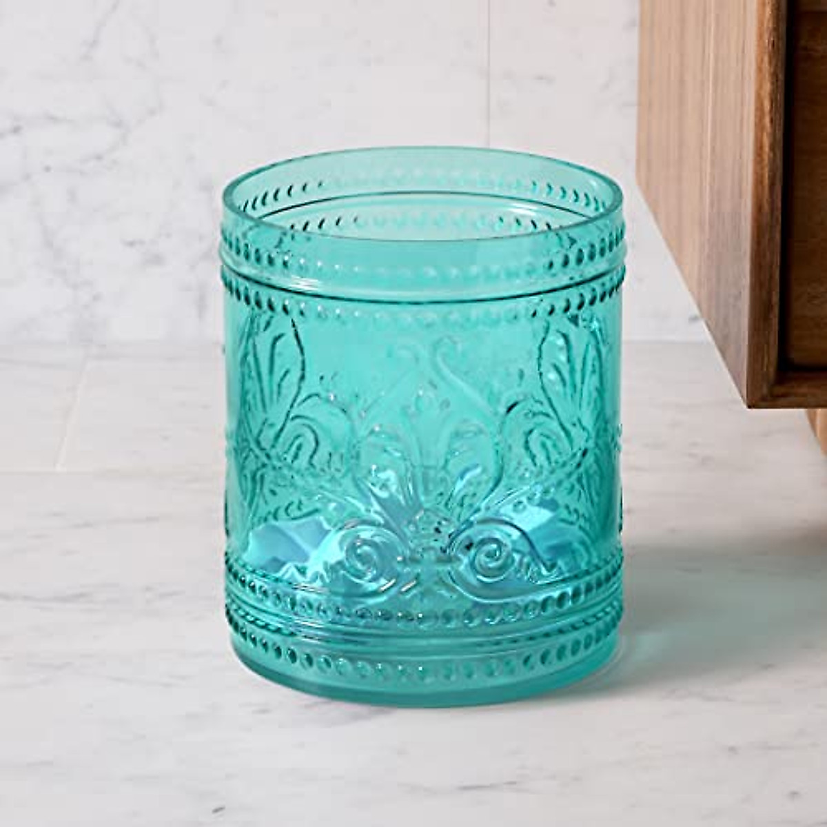 KMWARES Decorative Wastebasket/Trash Can/Garbage Can for Home Accent, Kitchen, Bathroom Accessories, Office Decoration - Real Glass Solid Teal Blue