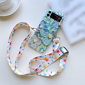 HANASE Glitter Bling Flowers Corssboby Case for Samsung Galaxy Z Flip 4 3 Hard Plastic Shoulder Strap Lanyard Chain Phone,Z5,for Z Flip 3