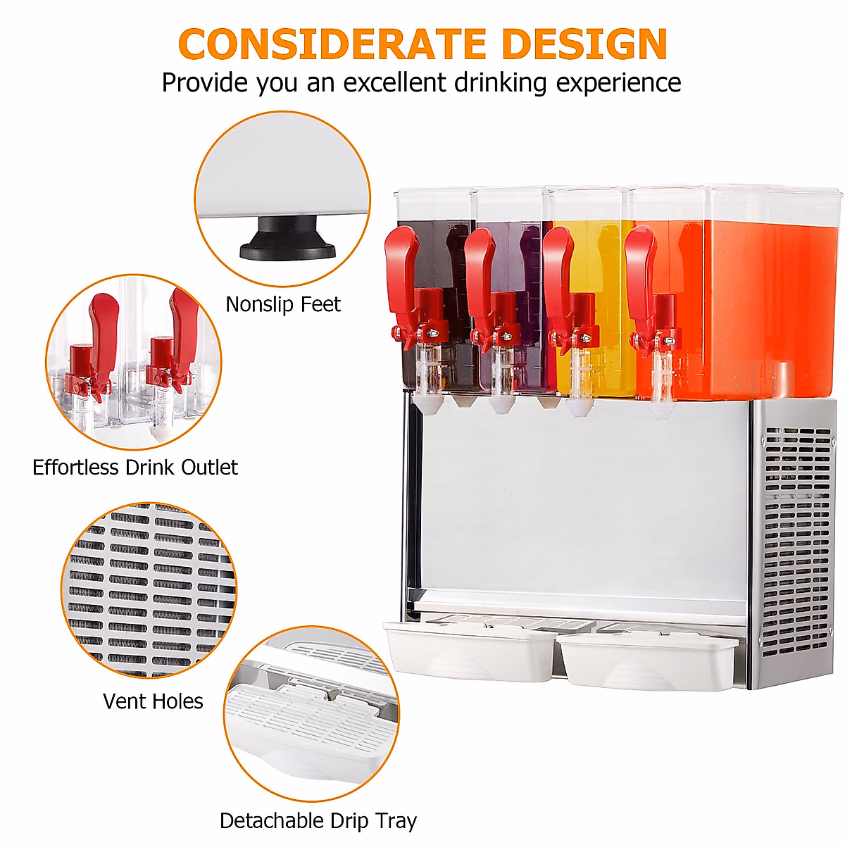 Commercial Beverage Dispenser, 4 Tanks 10.56 Gallon 40L Commercial Juice Dispenser, 10 Liter Per Tank, 380W Stainless Steel Food Grade Ice Tea Drink Dispenser with Thermostat Controller