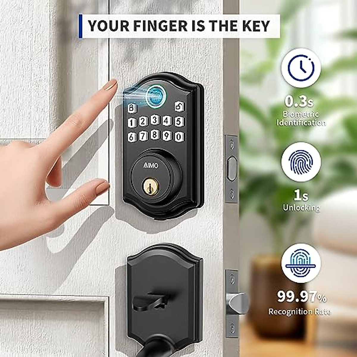 AIMO Fingerprint Door Lock，Keyless Entry Door Lock with Keypad，Full-Metal Electronic Deadbolt，IP65 Waterproof，Auto Lock, Anti Peeking Password, Easy Installation, D1，Matte Black
