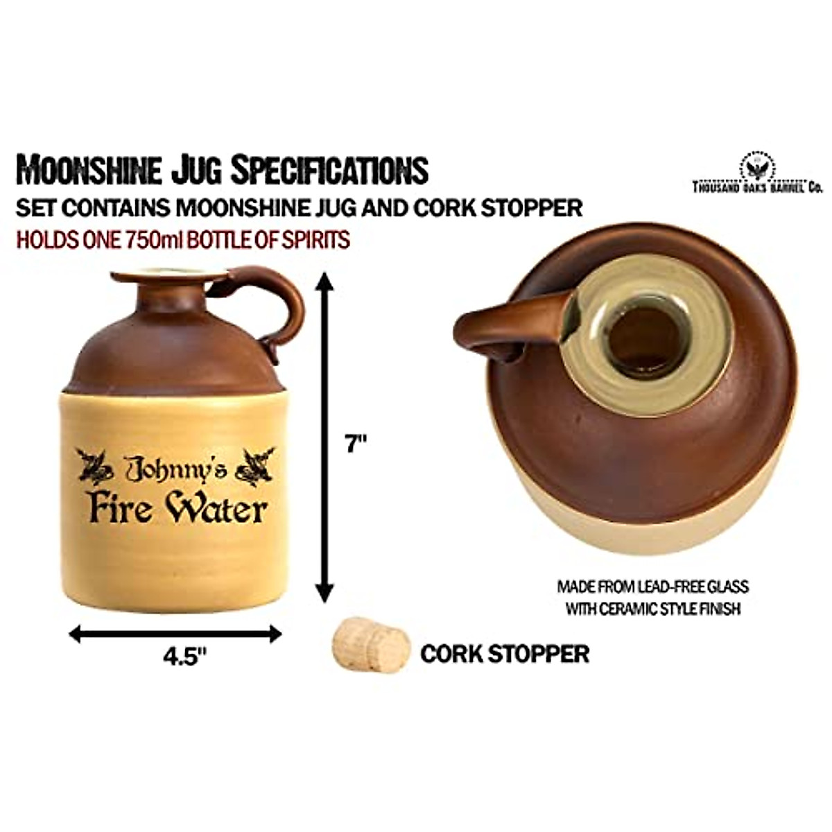 Thousand Oaks Barrel Co. Personalized Glass Moonshine Jug 750ml (0.2 gallon) - Traditional Style Engraved Glass Liquor Decanter Bottle with Cork Stopper and Finger Ring, Ideal for XXX Moonshiner (MJ1)