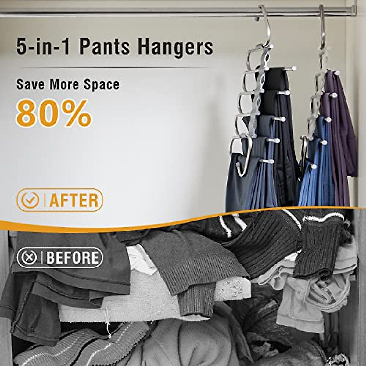 TECHMILLY Magic Pants Hangers Space Saving with Clips, 2 Pack Non-Slip Closet Organizer Hanger, Multi Use 5 in 1 Pants Rack Hanger for Jeans, Trousers, Leggings (Gray)