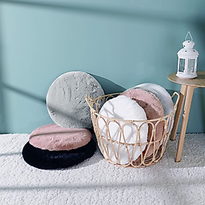 Shinnwa White Round Dorm Fur Chair Cushion Pad with Furry Faux Fur Cover Small Mini Cute Seat Cushion for Kids Desk Chair Teen Girls Bedroom Décor 16 Inch