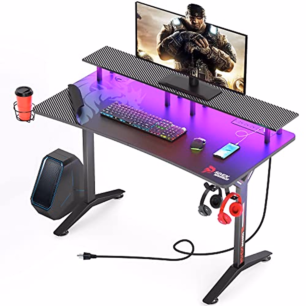 SEVEN WARRIOR Gaming Desk 55INCH with LED Lights & Power Outlets, Carbon Fiber Surface Computer Gamer Desk with Full Desk Mouse Pad, Ergonomic Y Shaped Leg Gamer Table with Monitor Stand