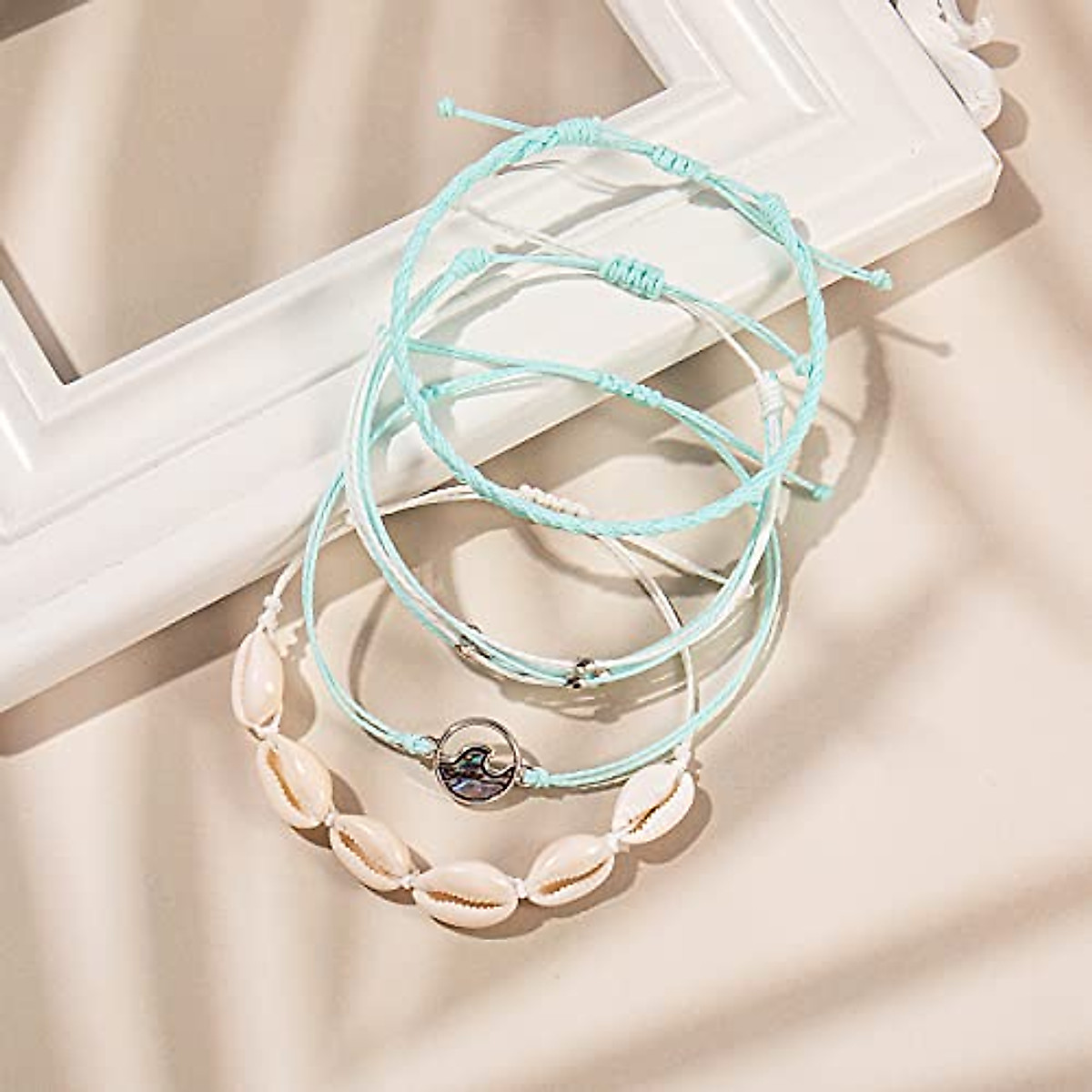 FANCY SHINY Wave String Bracelets Cute Shell Bracelets Trendy Boho Jewelry Teen Girl Gifts Handmade Stackable Rope Bracelets for Women Girls(Teal)