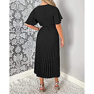 BTFBM Women Wrap V Neck Casual Summer Dresses 2023 Short Sleeve Satin Tie Waist Pleated Flowy Wedding Guest Midi Dress(Solid Black, Medium)