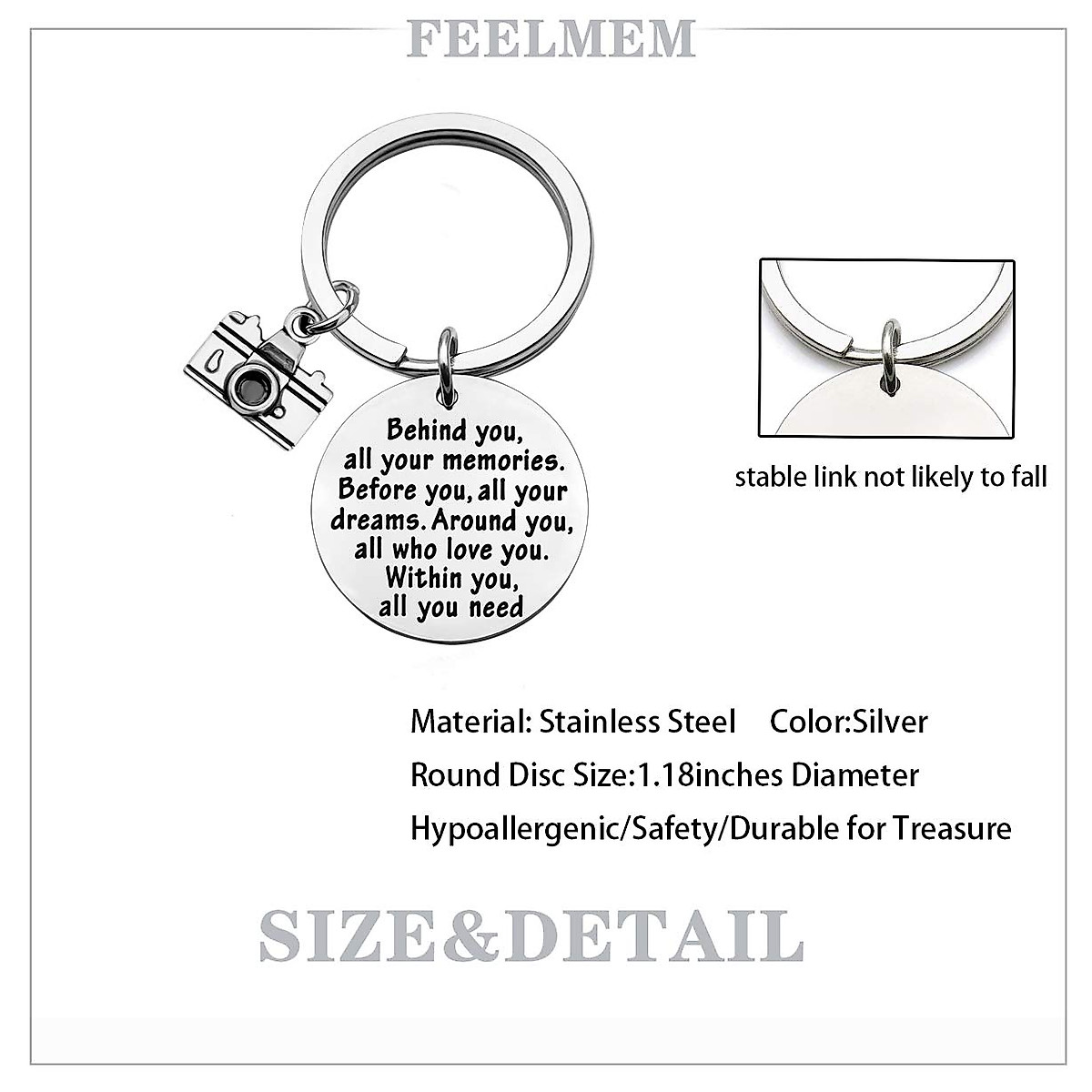 FEELMEM Camera Keychain Photographer Gift Behind You All Memories Before You All Your Dream Keychain Photography Jewelry Photo Club Gift Photography Friend Encouragement Gift (Camera Keychain)