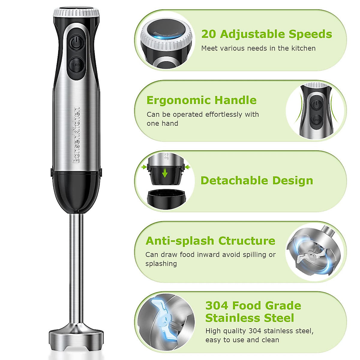 20-Speed Immersion Hand Blender with Whisk for Smoothies Puree Baby Food, and Milk Frother Handheld for Coffee-Bundle