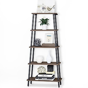 MXARLTR Ladder Bookshelf Tiered Bookcase, Ladder Shelf Wood and Metal Floor Standing Storage Display Narrow Ladder Shelf Bookcase Flower Plant Rack for Living Room Kitchen Bathroom Office, Walnut
