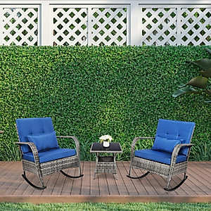 FUNKOCO 3 Pieces Patio PE Rattan Conversation Chair Set, Outdoor Furniture Rocking Chair Set with Water-Proof Cushion&Coffee Table for Garden,Backyard and Porch (Dark Blue)