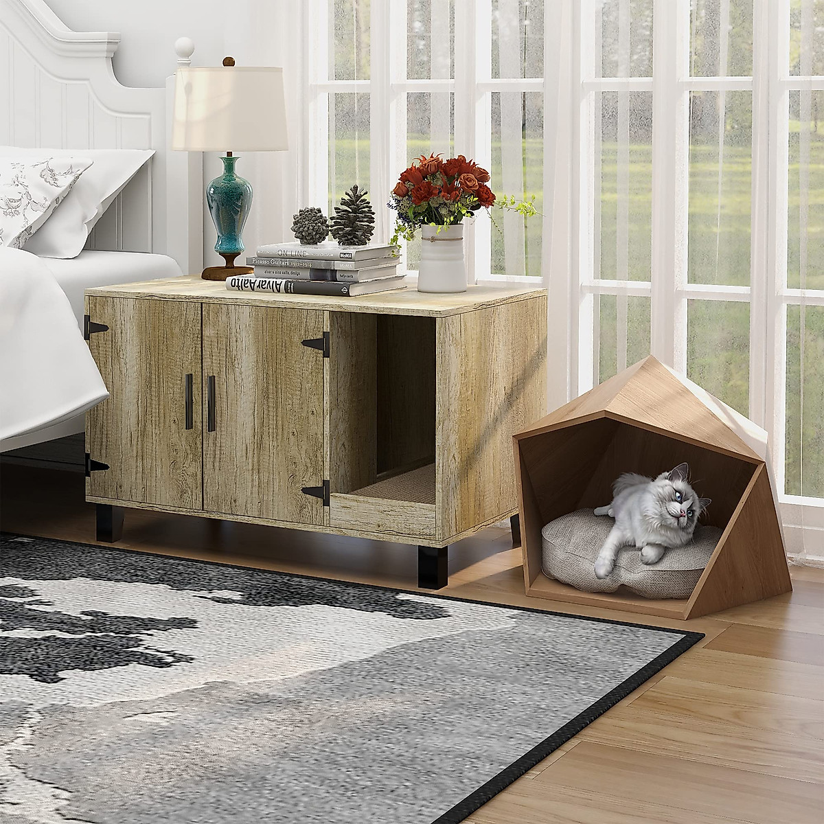 TaoHFE Litter Box Enclosure Cat Litter Box Furniture Hidden with Cat Scratch Pad Decorative Farmhouse Wooden Cat Box Furniture Litter Box Cabinet,Oak