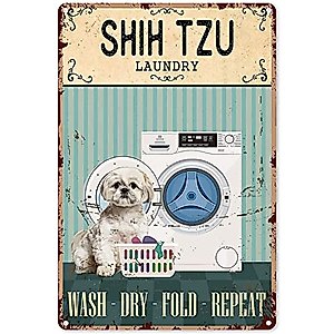Mocozim Funny Laundry Room Decor and Accessories Laundry Shih Tzu Wash and Dry Tin Sign Decoration Vintage Chic Metal Poster Wall Decor Art Gift for Laundry Room Farmhouse Door 12x8 inch