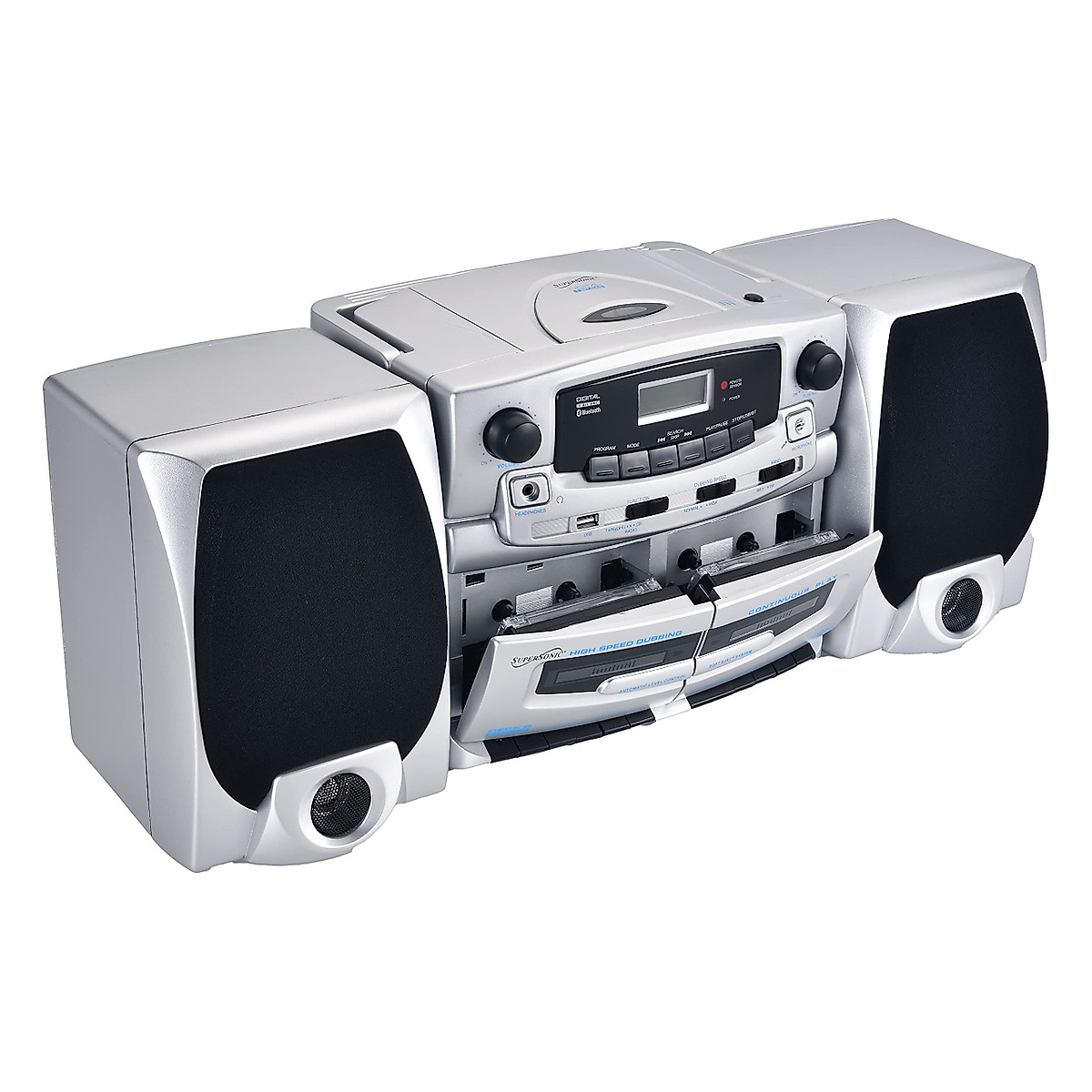 Supersonic SC-2121BT Bluetooth Entertainment Audio System, Bluetooth 5.0, op Loading MP3/CD Player, AM/FM Radio, USB Input, Double Cassette Recorder, High-Performance Detachable Speakers, AC/DC