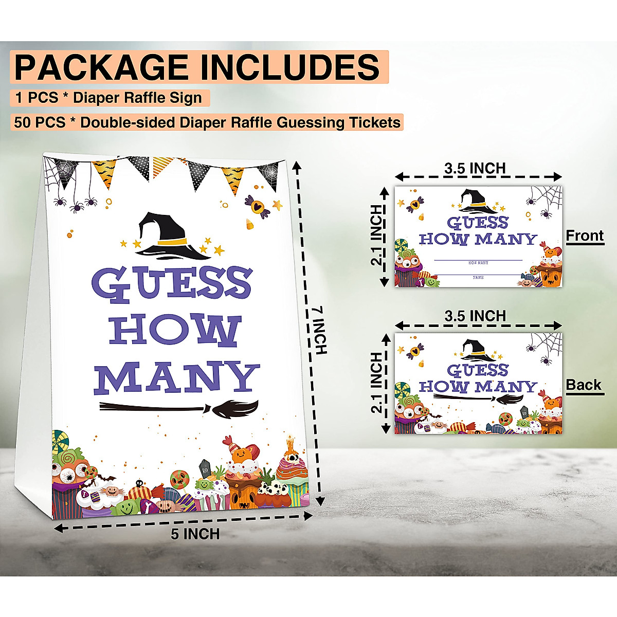 Halloween Bridal Shower Game Sign and Card, Halloween Guess How Many Party Game Set, 1 Sign With 50 Guess Tickets –LK-012