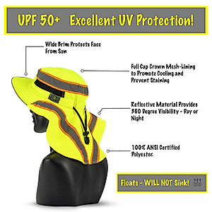 Hi-Visibility Reflective Safety Polyester UPF 50+ Sun Hat, Wide Brim with Neck Flap, Breathable, Boonie Hat Bucket Cap Yellow