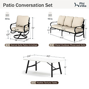 PHI VILLA 6 Piece Patio Furniture Sets with 1 x 3 Seater Padded Deep Seating Bench, 2 x Swivel Cushioned Sofa Chairs, 2 x Leg Sofa Chairs and 1 x Coffee Table, Outdoor Metal Furniture Set for 7