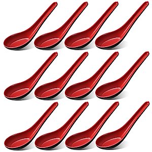 Vesici 12 Pcs Asian Soup Spoons Chinese Japanese Soup Spoon Melamine Rice, Wonton, Soba, Pho, Ramen, Noodle Soup Spoons Asian Red and Black for Kitchen and Home