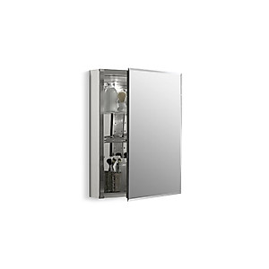 KOHLER CLC Flat, Single Medicine Cabinet with Mirrored Door, 20” Width x 26” Height, Aluminum, Frameless with Beveled Edges, One Size, Silver