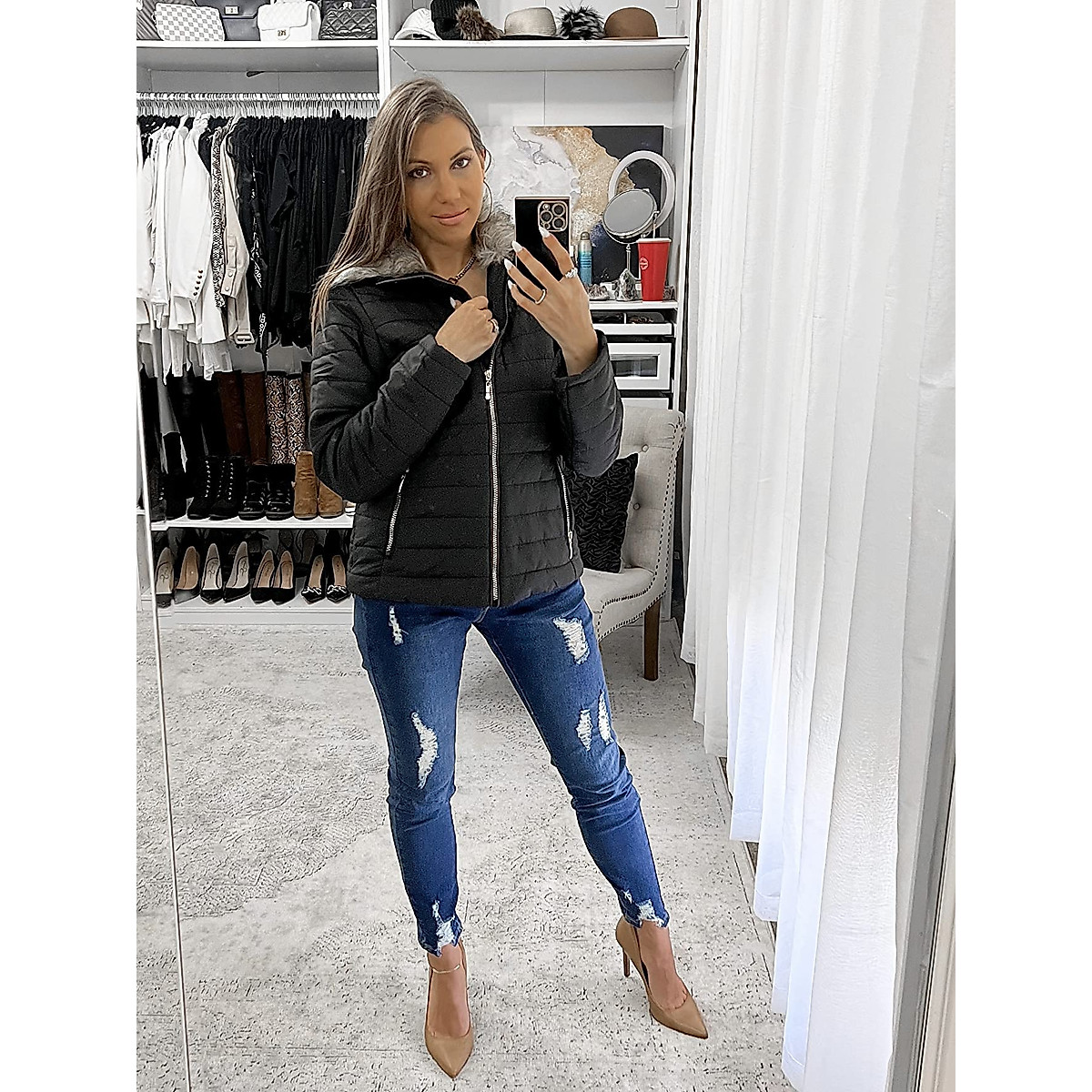 Vetinee Women Casual Faux Fur Lapel Zip Pockets Quilted Parka Jacket Puffer Coat Coatigan for Women Black Medium (Fits US 8-US 10)