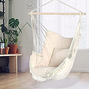 Large Hammock Chair Swing, Adults Hanging Swing Rope Hammock for Outside Indoor Bedroom - 2 Cotton Cushions Included - Large Swing Chair for White Hammock Swing Chair Hammock Swing Chair