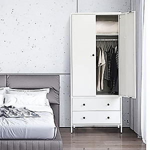 Besfur Steel Storage Wardrobe Cabinet - Metal Wardrobe Armoire Closet with Adjustable Hanging Rod & Two Drawers for Bedroom, Laundry Room (White)