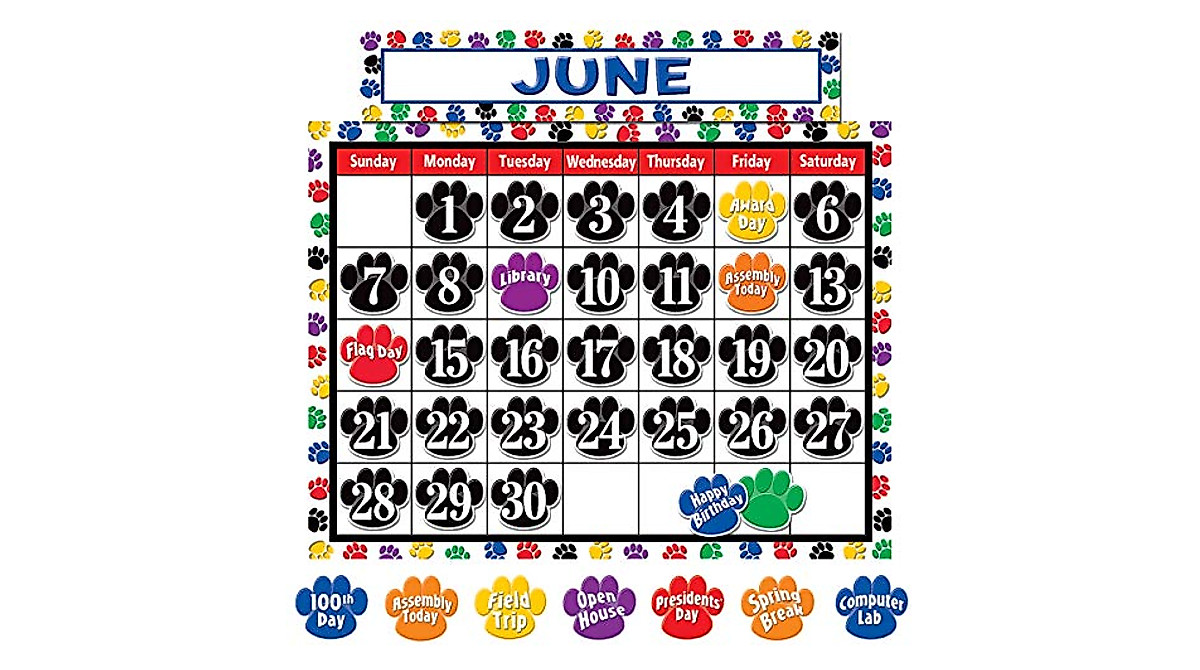 Colorful Paw Print Calendar Set - 68 Pieces for Teachers