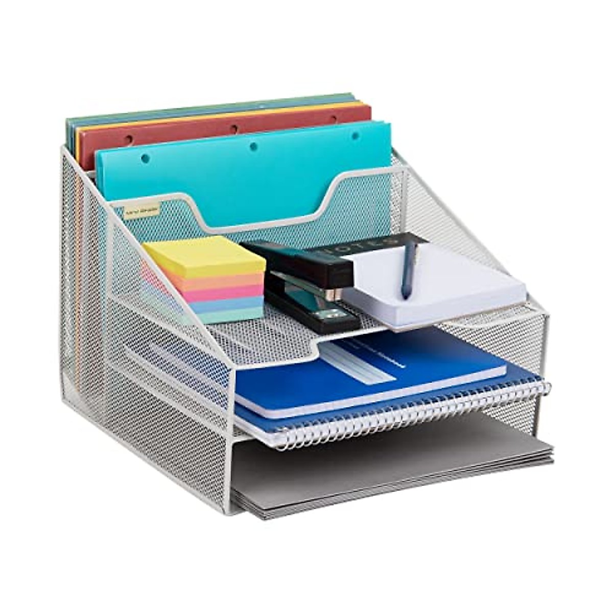Mind Reader Network Collection, 3-Tier, 5-Compartment Desktop Organizer with 2 Vertical File Holders and 3 Horizontal Paper Trays, Desktop Organizer, Metal Mesh, White