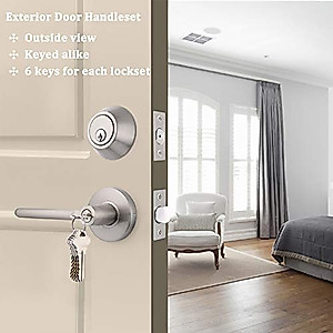Gobrico Keyed Alike Entry Door Locksets with Double Cylinder Deadbolt Lock Combo Sets,Brushed Nickel Exterior Entrance Door Levers,Front Door Handle Sets,3 Pack