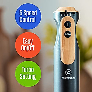 Westinghouse Scandinavian Design Immersion Blender, 500W w/ 5-Speed Precision Control, Turbo Mode, & Detachable Shaft - For Shakes, Smoothies, Soups, Puree, & More - Black w/Wood Finish, One Size