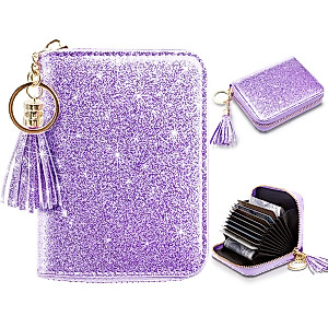 Coco Rossi Small Credit Card Wallet RFID Glitter Cute Accordion Card Holder with Zipper for Women