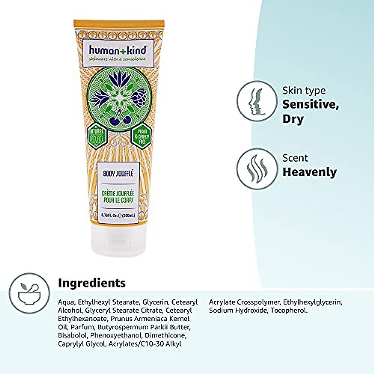 Human+Kind Body Souffle - Light, Fluffy Skin Conditioner for Hydrating and Smoothing Dry Skin - Natural, Vegan Formula with Shea Butter and Apricot Kernel Oil - Light, Fresh Fragrance - 6.76 oz