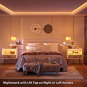 Cyclysio 35 Inches Nightstand with Reversible Lift Top, Large Night Stand with LED Lights, Tall Bedside Table with Charging Station, High End Side Table for Bedroom, Sofa Side, Living Room, White