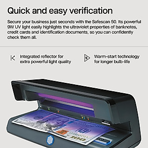 Safescan 50 UV Counterfeit Bill Detector, Small Footprint, Lightweight, Great for Bills, Credit Cards, Passports, IDs, Suitable for All Currencies, Powerful 9W UV Light, CE Certified, 3-Year Warranty