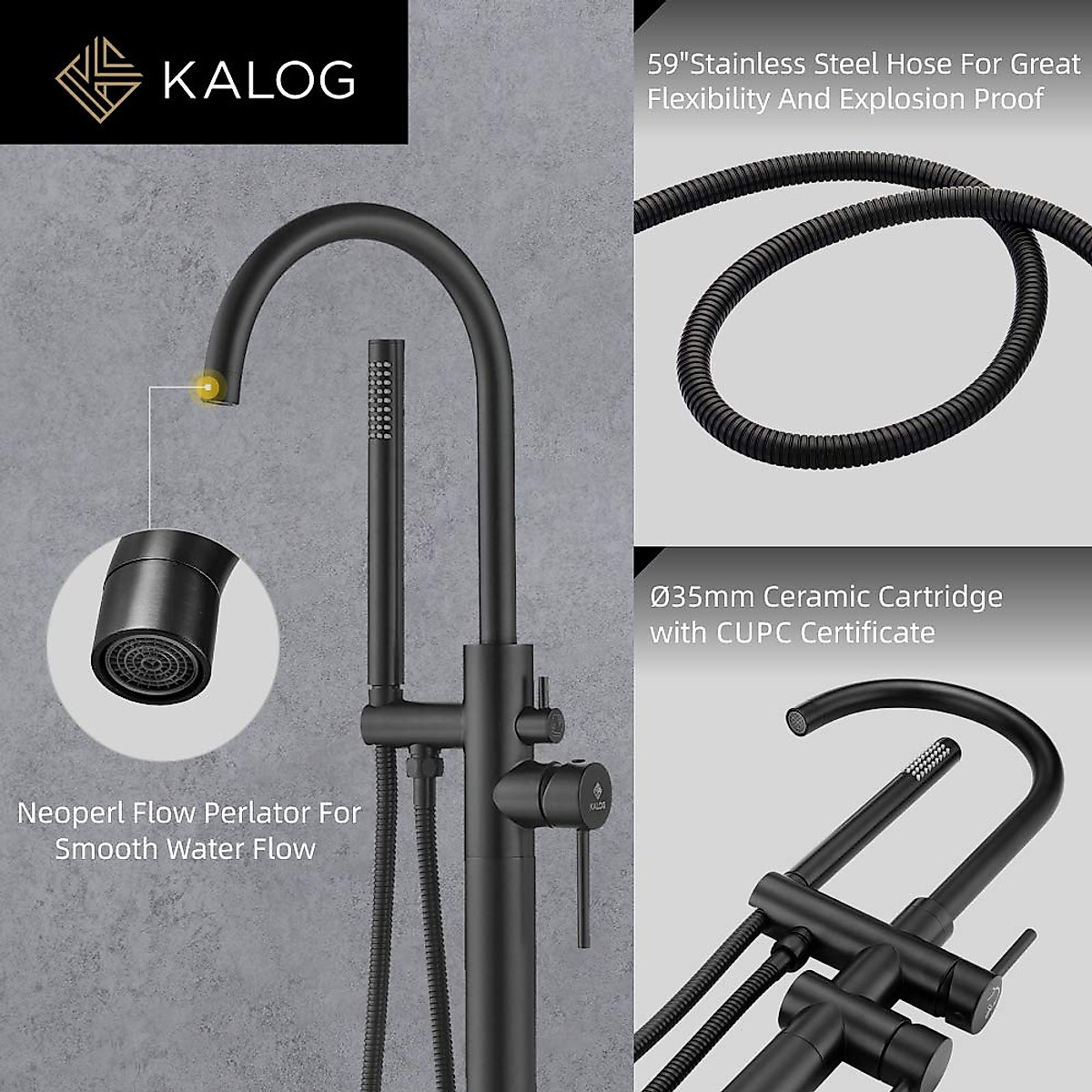 Kalog Single Handle Freestanding Tub Filler Floor Mount Bathtub Faucet with Handheld Shower (Matte Black)