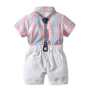 Baby Boys Gentleman Outfits Suits, Infant Short Sleeve Shirt+Bib Pants+Bow Tie Overalls Clothes Set Pink