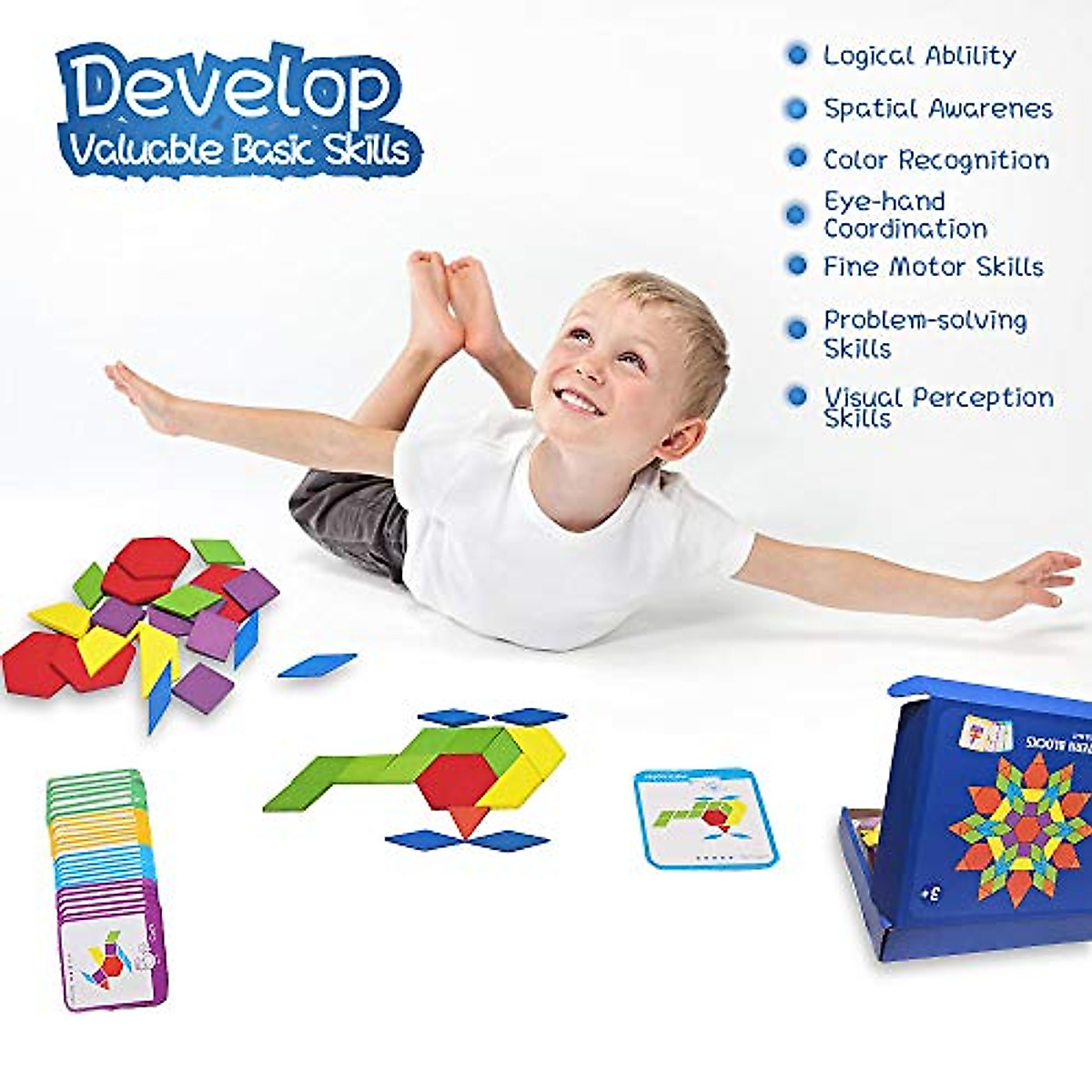 Wooden Pattern Blocks Set for Classroom 155 Pcs Tangram Blocks for Kids Geometric Shape Puzzle Kindergarten Classic Educational Montessori Best STEM Fat Brain Toys Ages 4-8 with 24 Pcs Design Cards